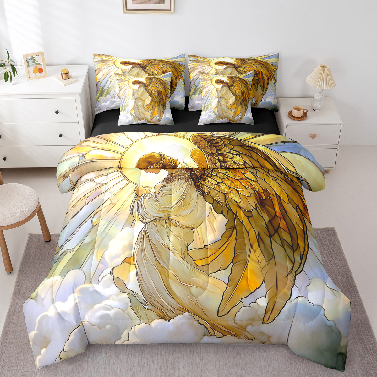 jejeloiu Angel Wings 7-Piece Twin Bedding Sets,Yellow White Bedding ...
