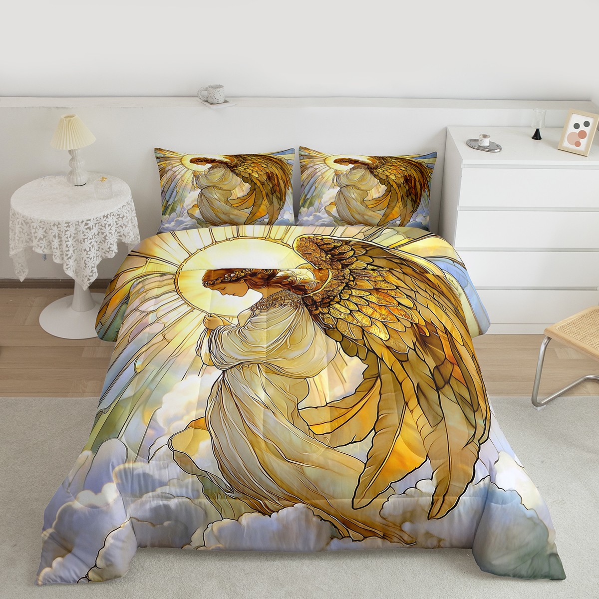 jejeloiu Angel Wings Queen Comforter Set,Yellow White Bedding Sets,God ...