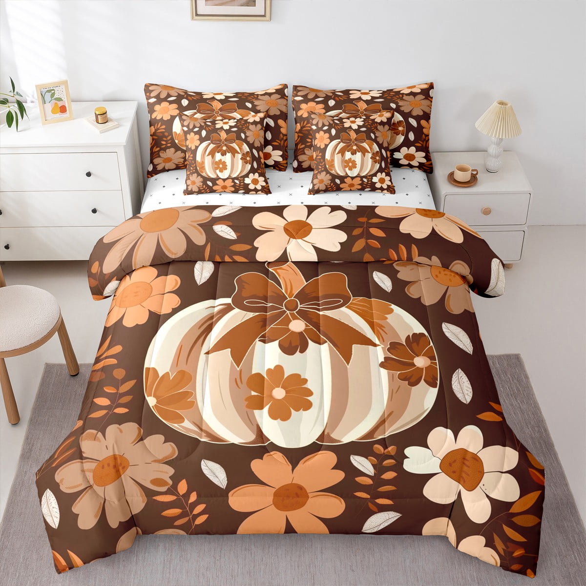 jejeloiu Autumn Fall Pumpkin Twin Bedding Sets 7-Piece,Rustic Flower ...