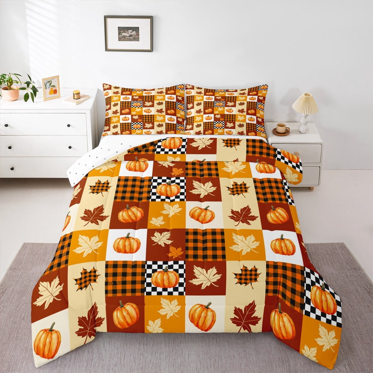 jejeloiu Autumn Harvest Pumpkin Queen Comforter Set,Fall Maples Leaves ...