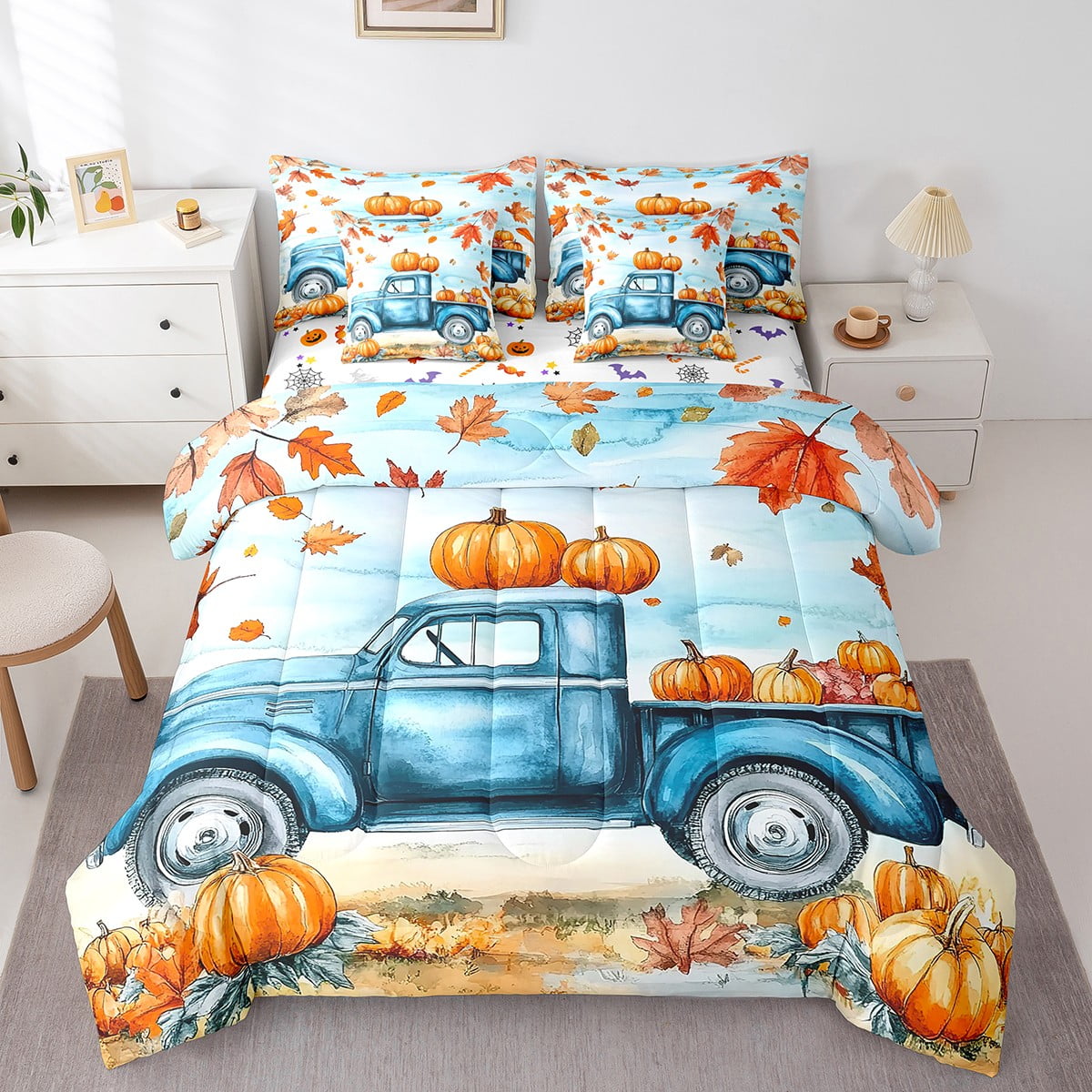 jejeloiu Autumn Harvest Pumpkin Twin Bedding Sets,7-Piece,Blue Farm ...