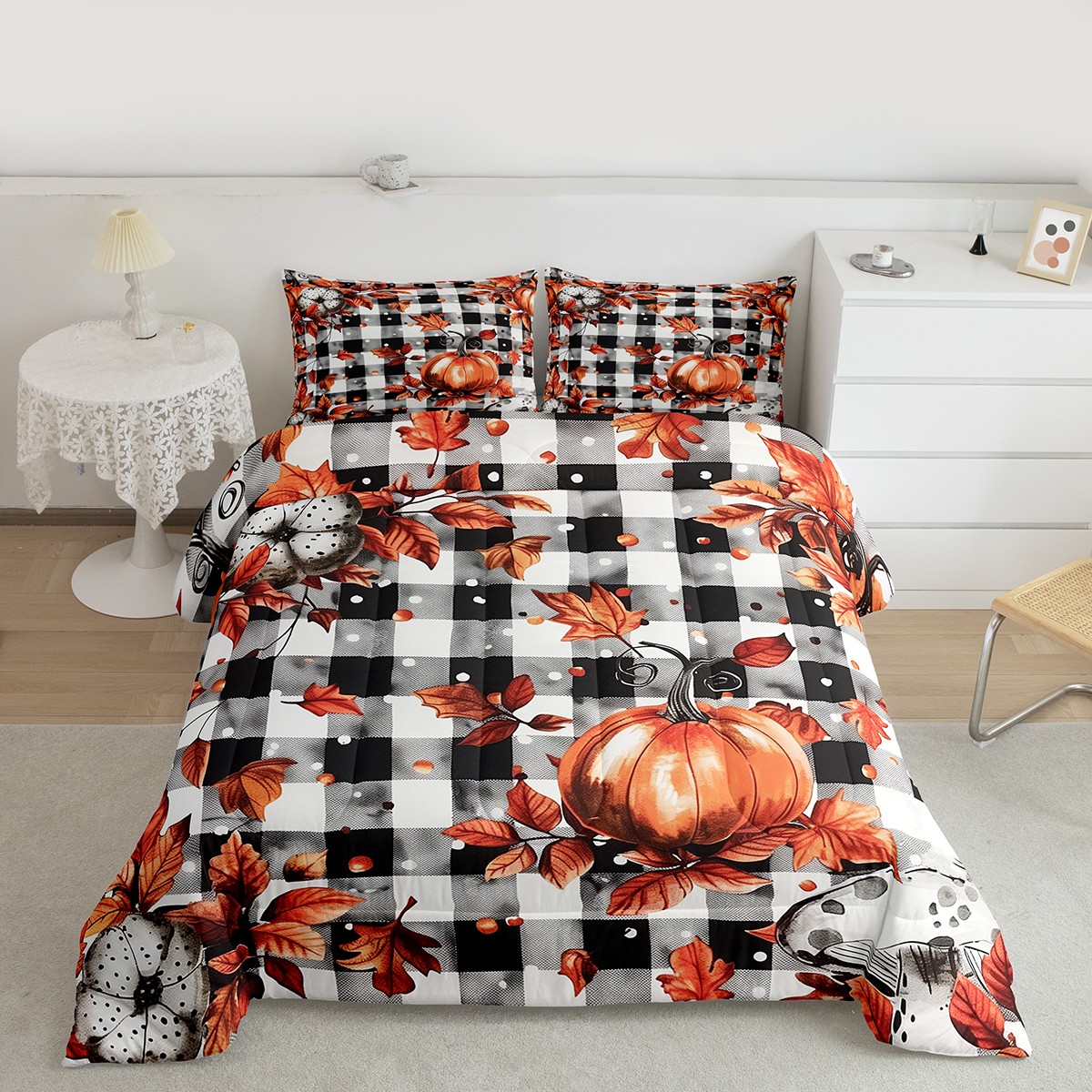 jejeloiu Autumn Pumpkin Maples Queen Comforter Set,White Black ...