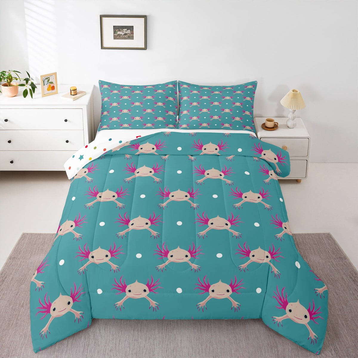 jejeloiu Axolotl Queen Comforter Set,Cartoon Animal Bedding Sets,Pink ...