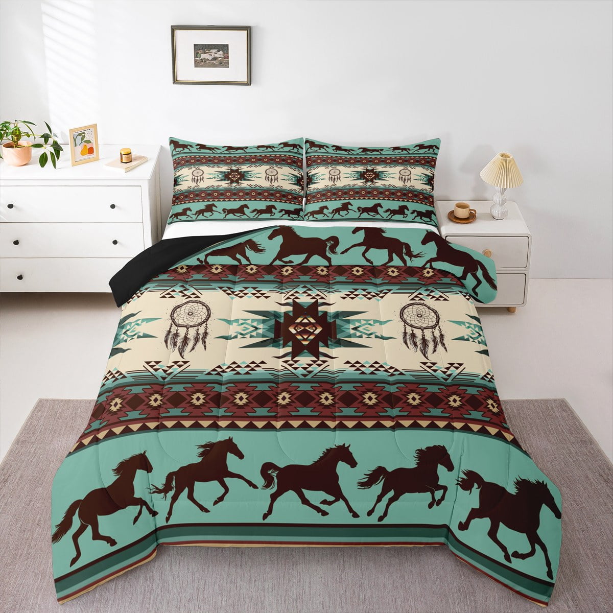 jejeloiu Aztec Geometric Pattern Bedding Comforter Set,Horse ...