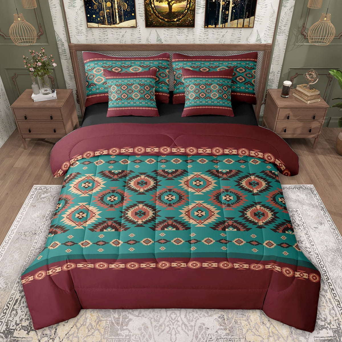 jejeloiu Aztec Triangle Rhombus 7 Pieces Bedding Comforter Set,Cyan Red ...