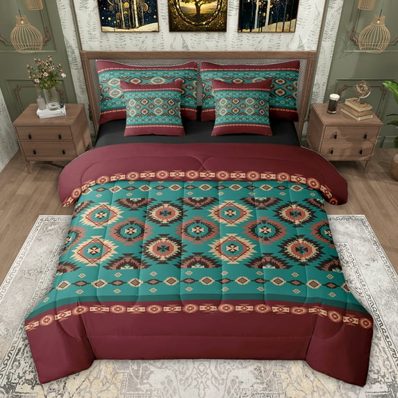 jejeloiu Aztec Triangle Rhombus 7 Pieces Bedding Comforter Set,Cyan Red ...