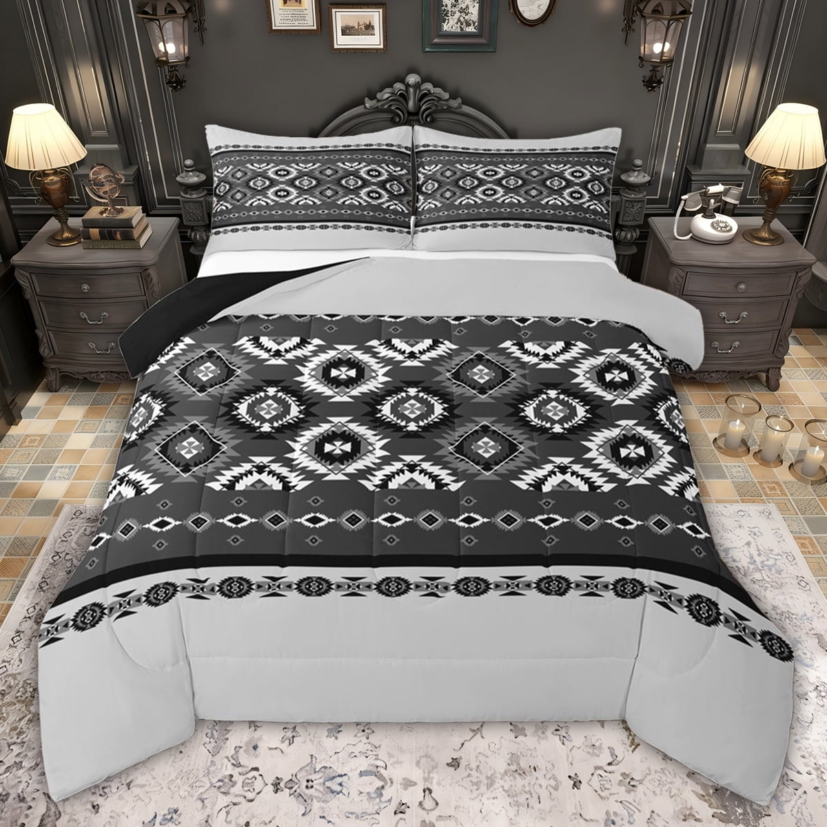 jejeloiu Aztec Triangle Rhombus Queen Comforter Set,Gray Black Bedding ...