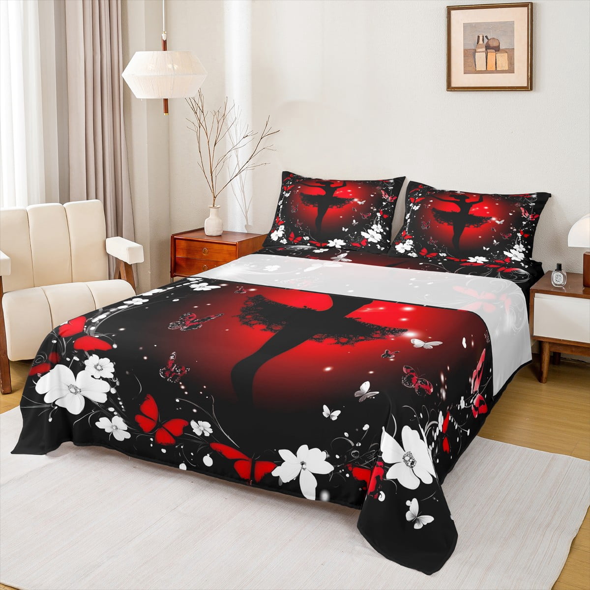 jejeloiu Ballet Dancer Bed Sheets,Vintage Butterflies Flowers King ...