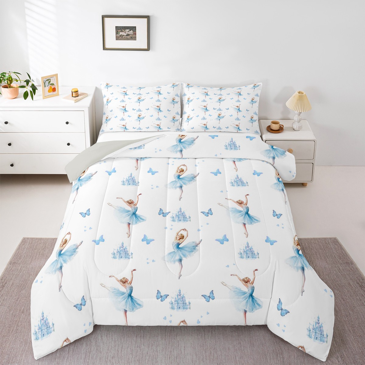jejeloiu Ballet Dancer Full Size Comforter Sets,Dreamy Blue Castle ...