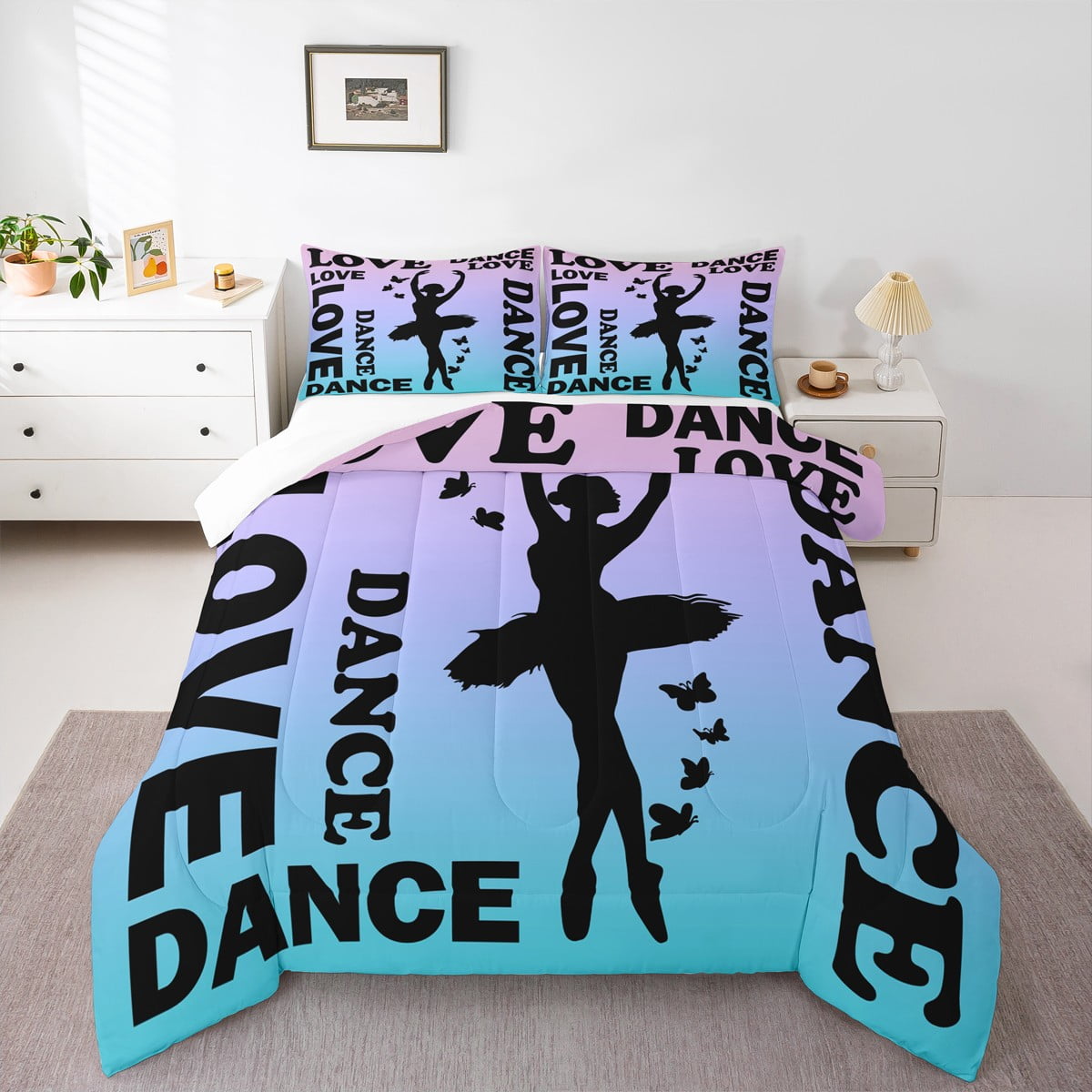 jejeloiu Ballet Dancer Queen Comforter Set,Butterfly Slihouette Bedding ...