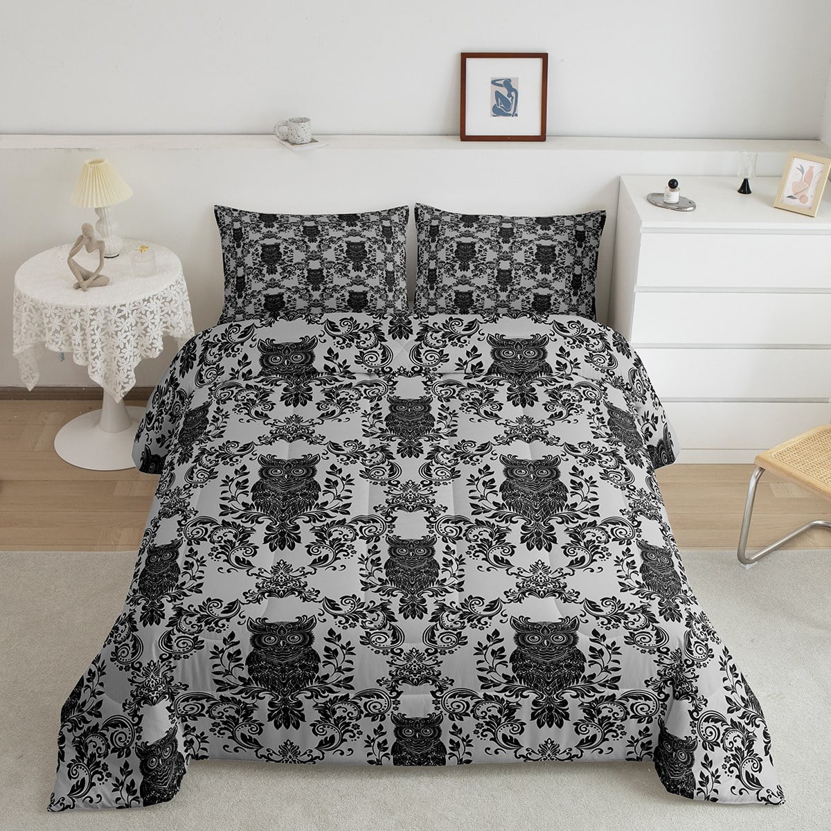 jejeloiu Baroque Damask Floral Queen Comforter Set,Gothic Owl Bedding ...