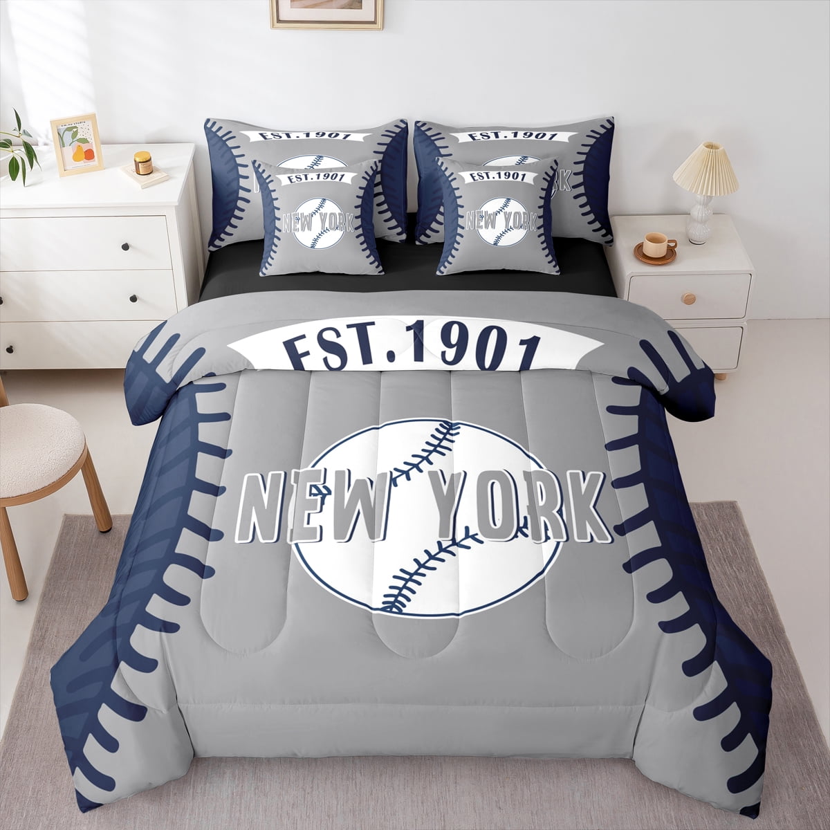 jejeloiu Baseball Game 7-Piece Twin Bedding Sets,New York City Bedding Comforter Set,Teens ...
