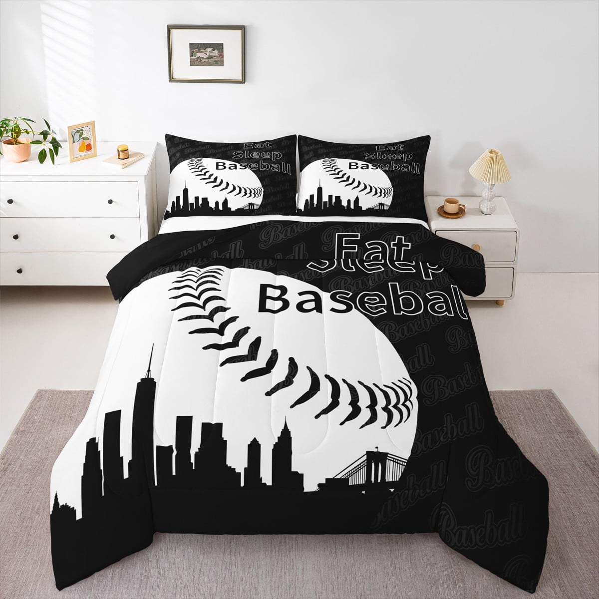 jejeloiu Baseball Game Bedding Comforter Set,Sports City Silhouette ...