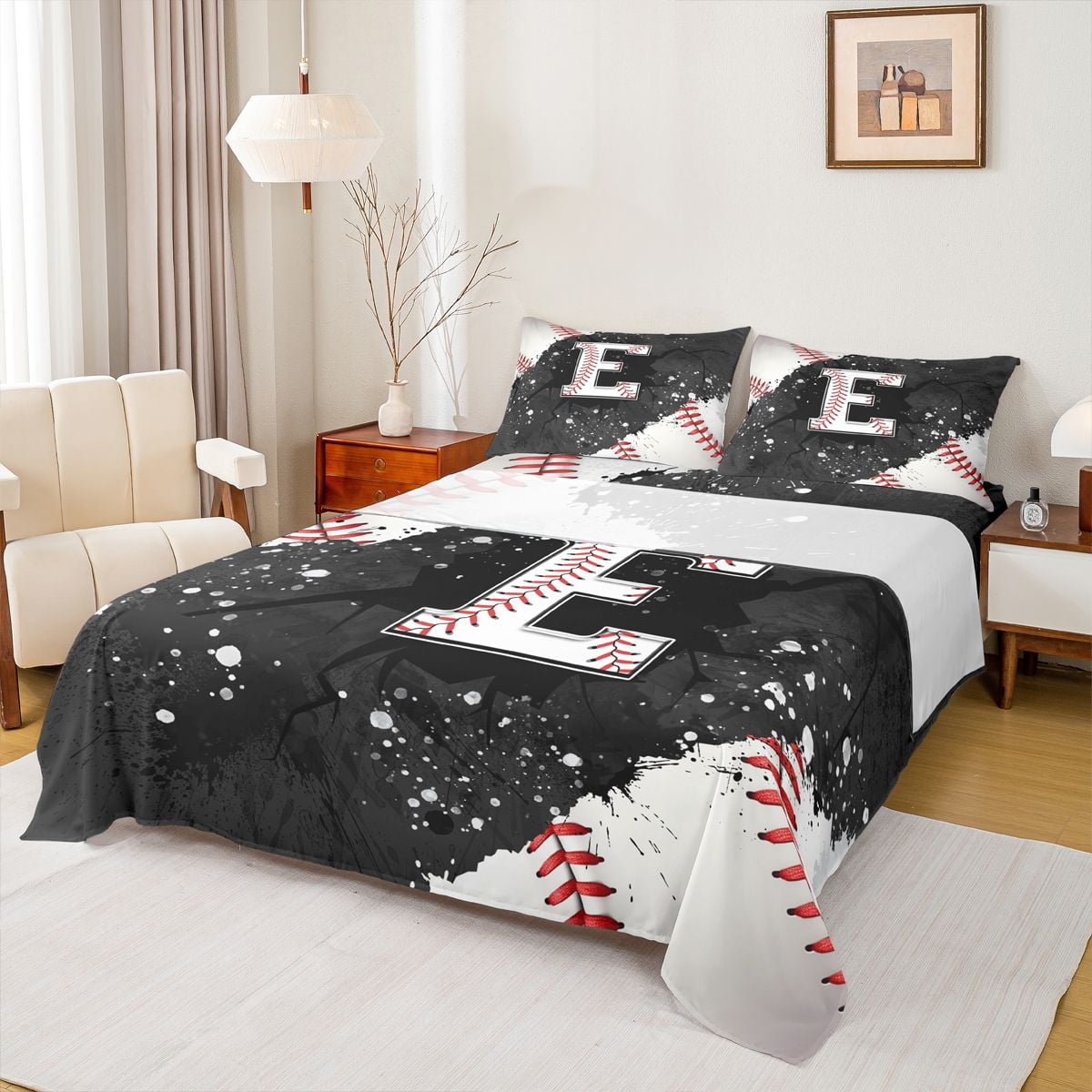 jejeloiu Baseball Game Queen Sheet Sets,Ball Sport Lover Flat Sheet,First Letter E Queen Fitted ...