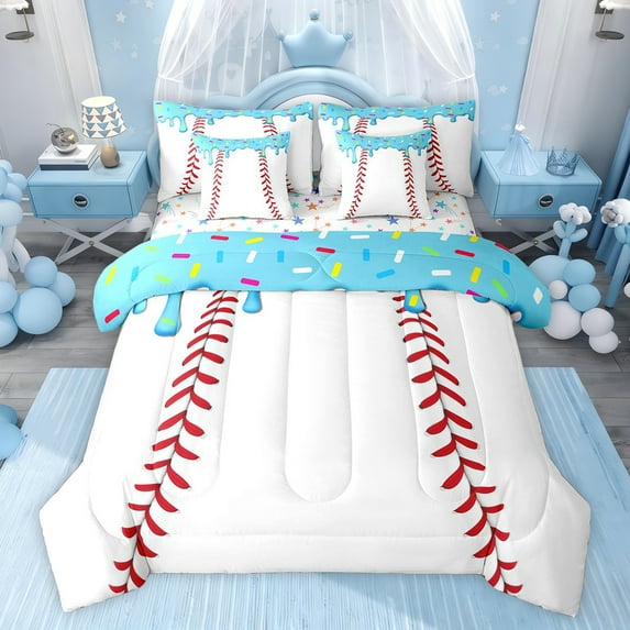 jejeloiu Baseball Print 7pcs Bedding Comforter Set,Blue Ice Cream Queen ...