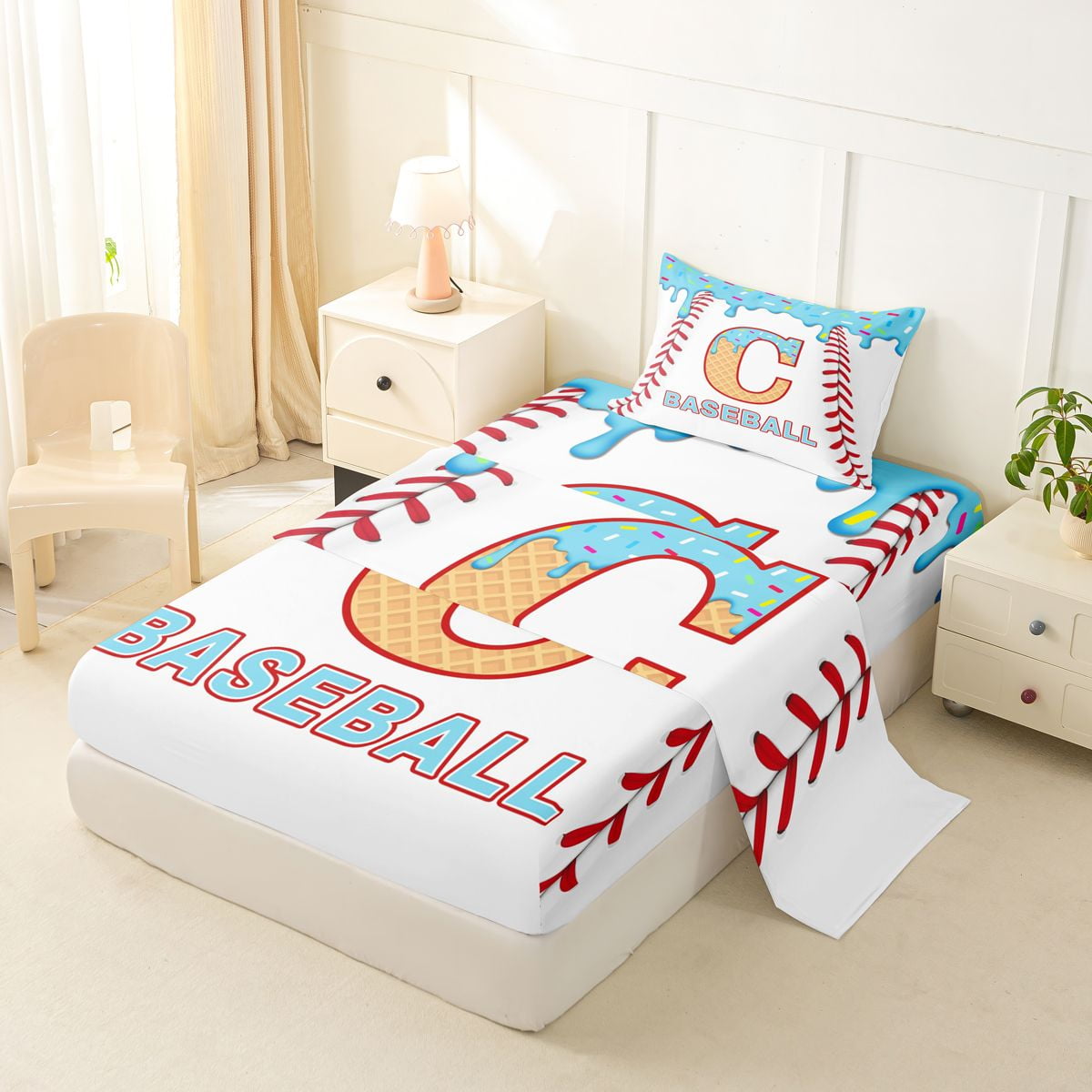 jejeloiu Baseball Sport Theme Twin Sheet Sets,Watercolor Letter C ...