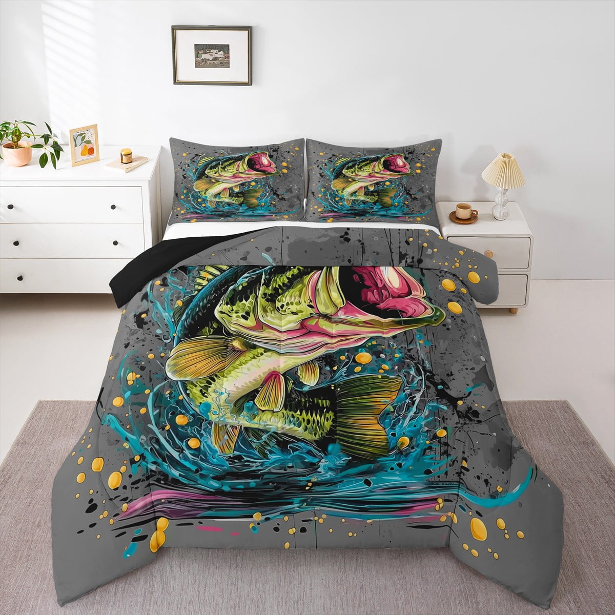 jejeloiu Bass Big Fish Bedding Comforter Set,Pike Fish Twin Comforter ...
