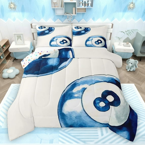jejeloiu Billiard Sport Game Bedding Comforter Set,Ball Gamer Twin Comforter Sets,White Blue ...