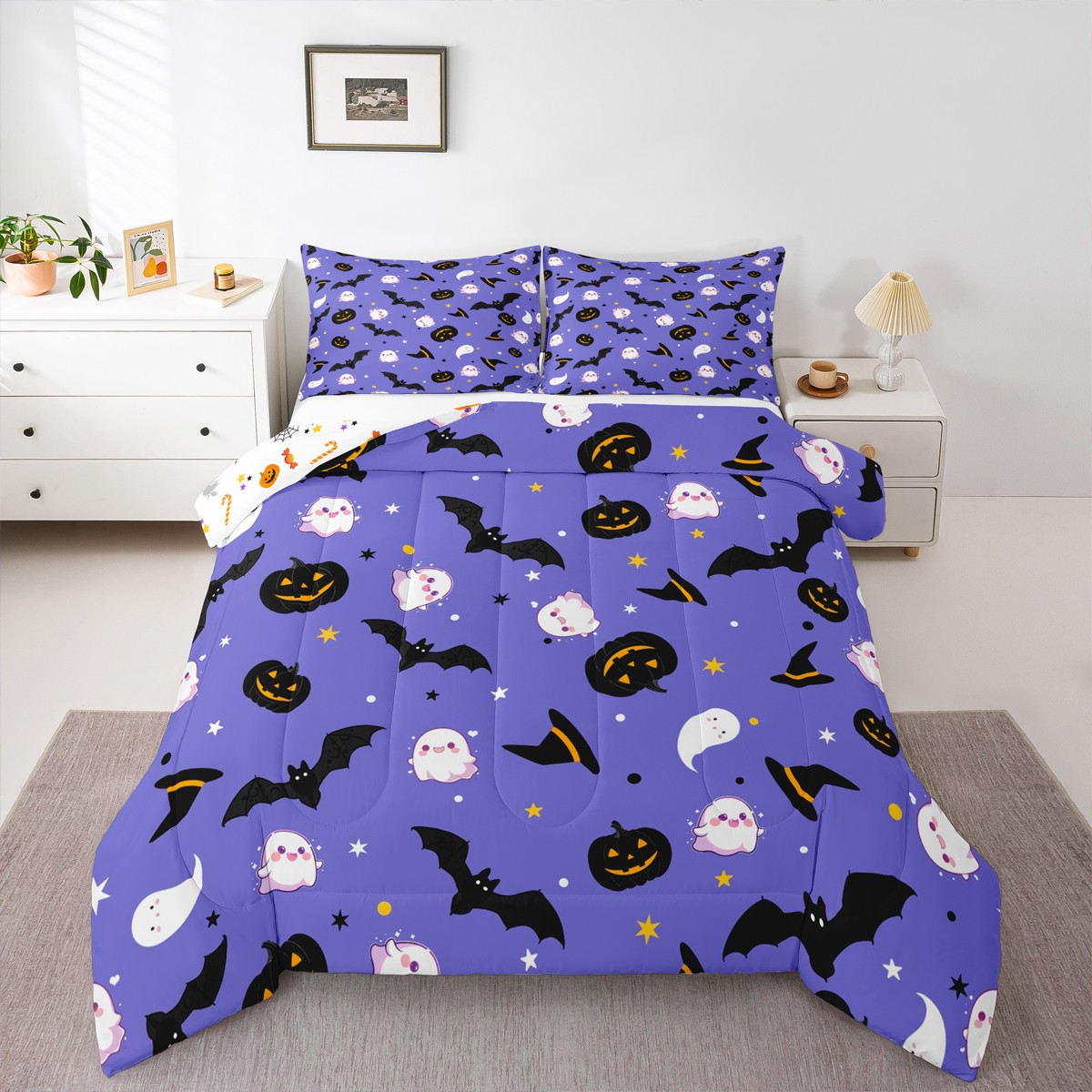jejeloiu Black Bats Witch Queen Comforter Set,Spooky Halloween Pumpkin ...