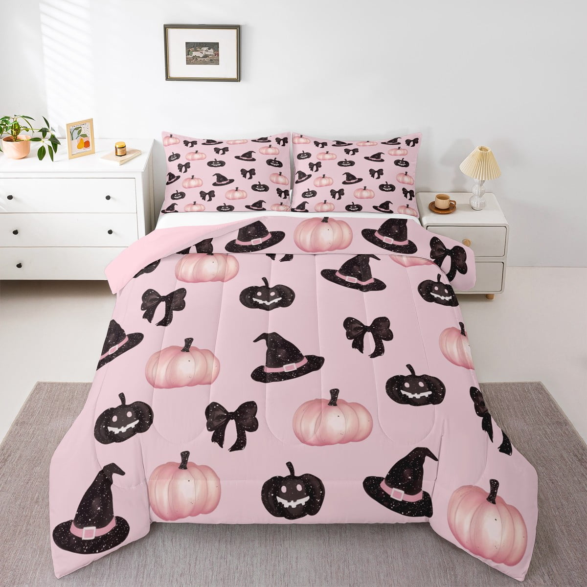 jejeloiu Black Bowtie Bow Bedding Comforter Set,Hello Fall Pumpkin Twin ...
