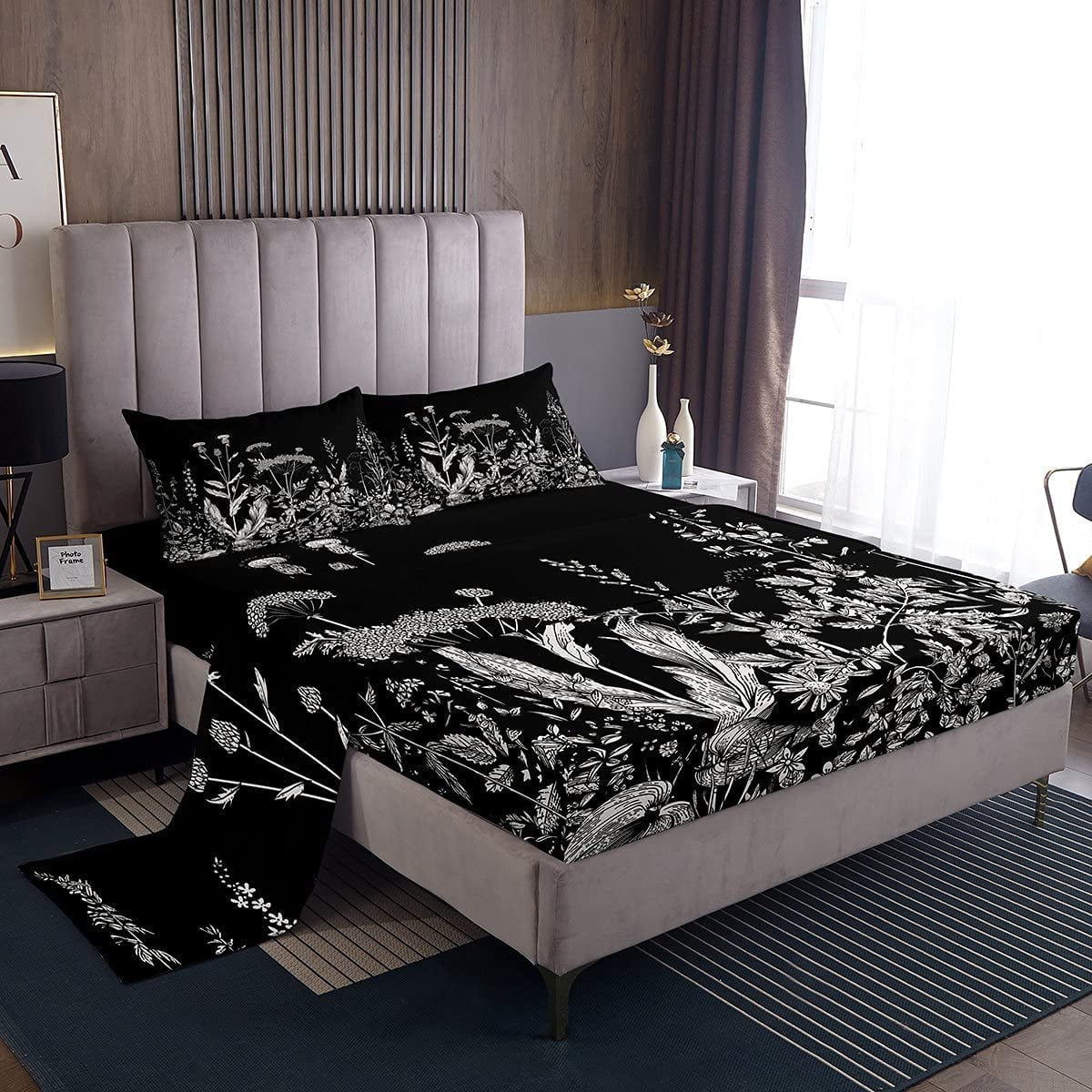 jejeloiu Black Floral Bed Sheet Set Botanical Sheets Wild Flowers ...