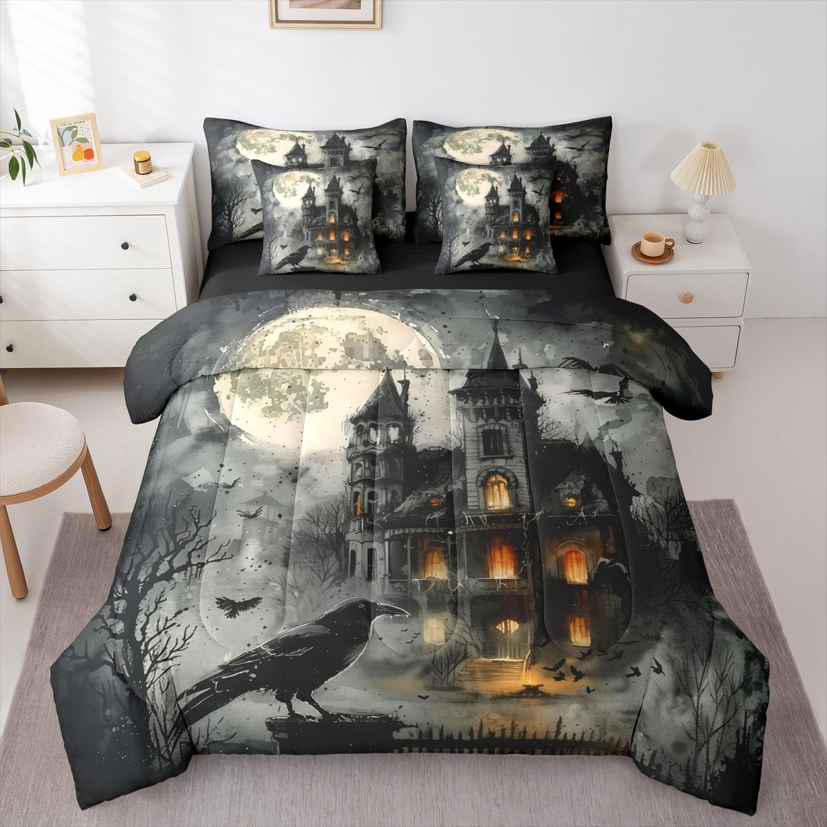 jejeloiu Black Raven Bird Bedding Comforter Set 7pcs,Spooky Castle ...