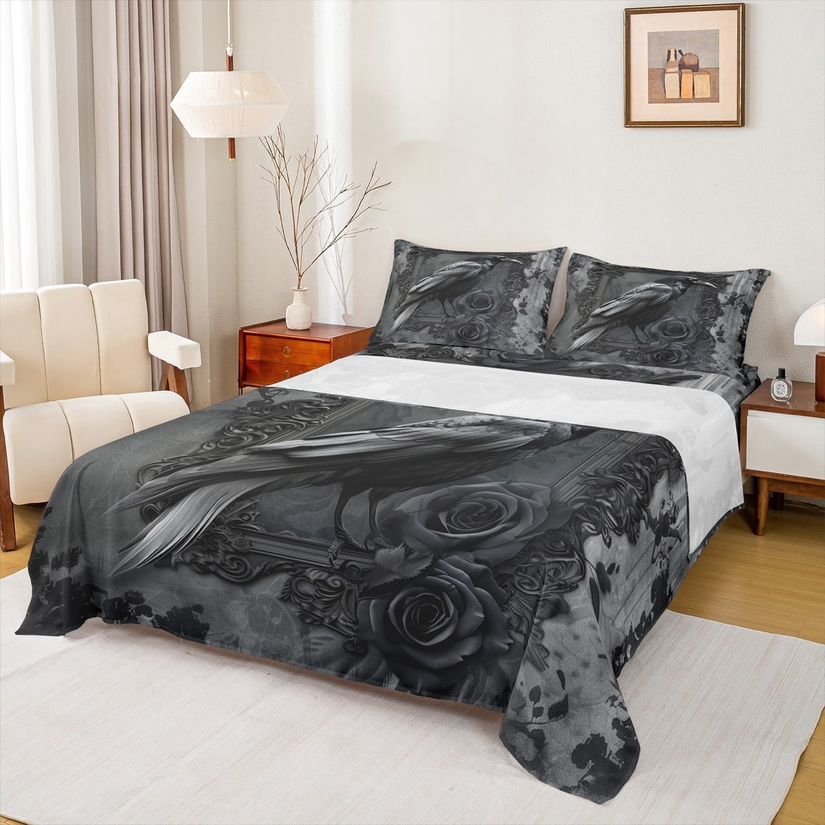 jejeloiu Black Raven Bird Full Size Sheets,Dark And Mysterious Bed ...
