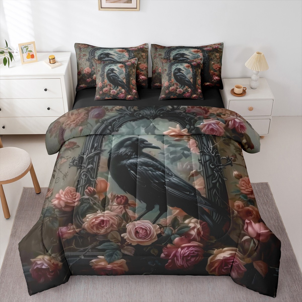 jejeloiu Black Raven Bird Twin Bedding Sets 7-Piece,Country Flower ...