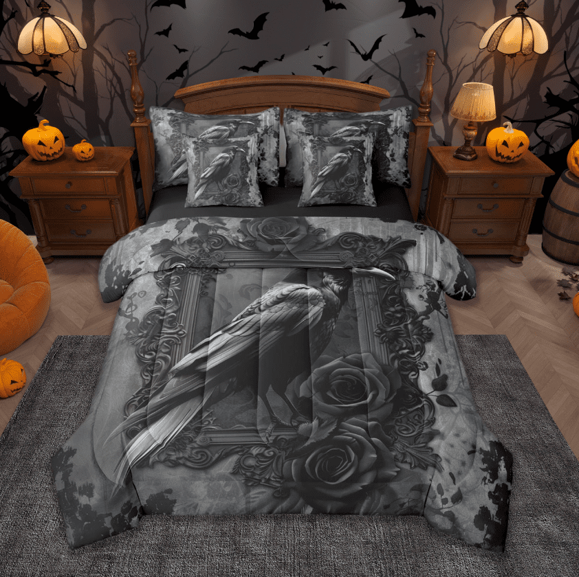 jejeloiu Black Raven Bird Twin Bedding Sets 7-Piece,Dark And Mysterious ...