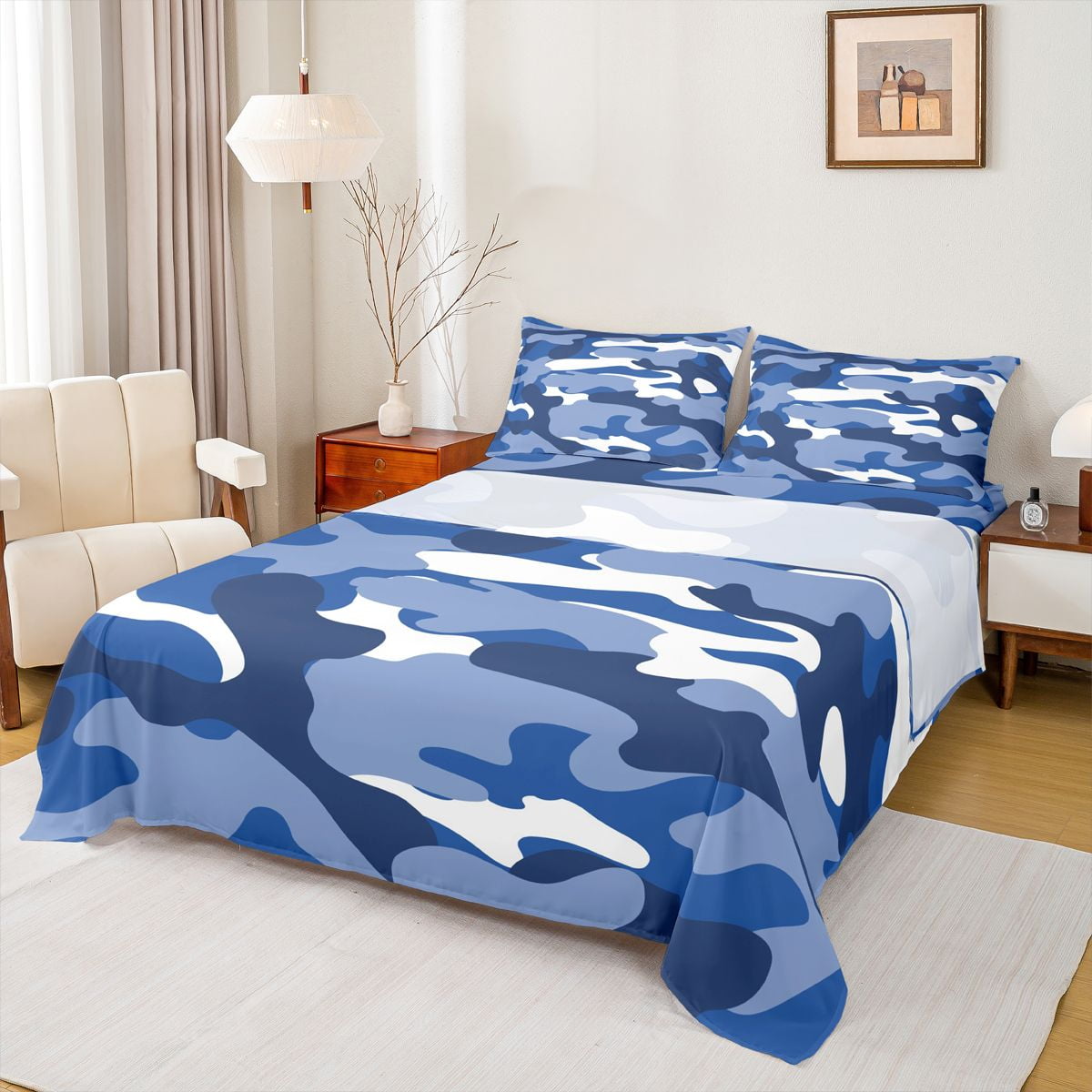 jejeloiu Blue Camo Camouflage Full Size Sheets,Military Style Bed ...