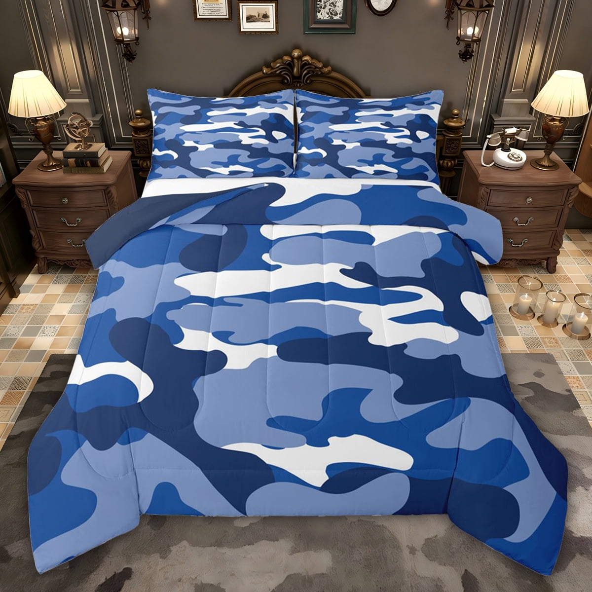 jejeloiu Blue Camo Camouflage Queen Comforter Set,Military Style ...