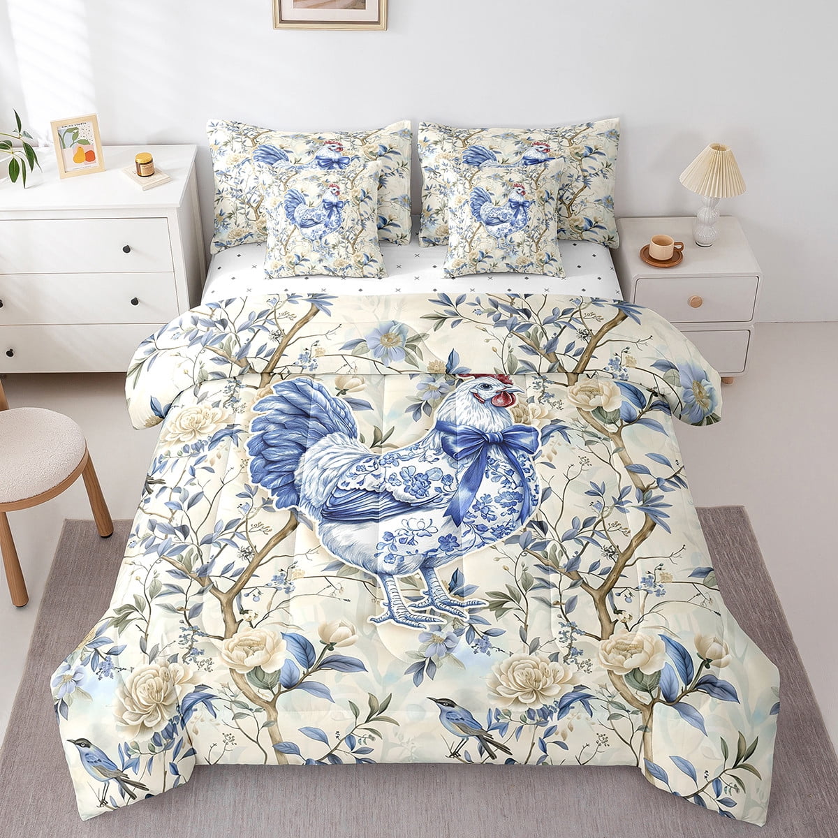 jejeloiu Blue Floral Print Bedding Comforter Set,7pcs,Rustic Farmhouse ...
