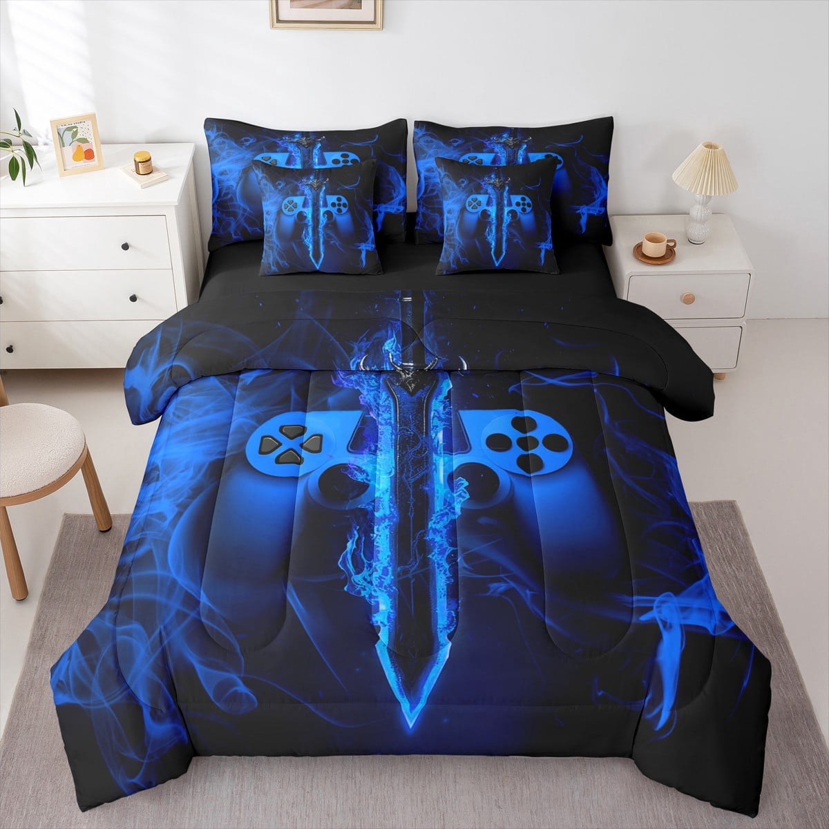 jejeloiu Blue Gamepad Twin Bedding Sets 7-Piece,Modern Video Game ...