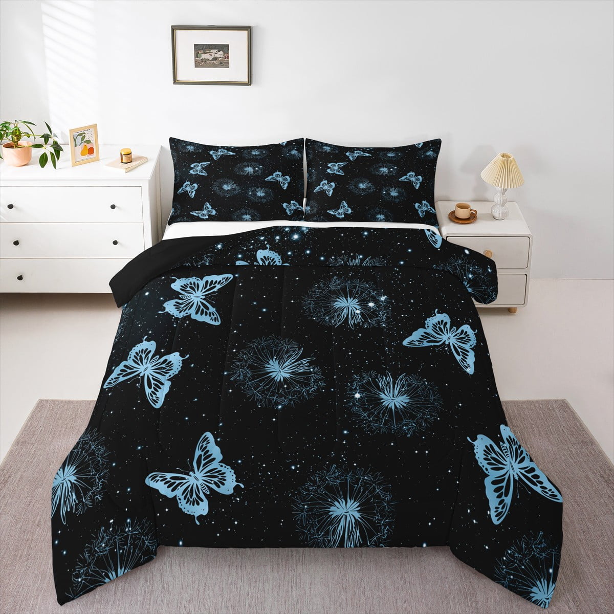 jejeloiu Blue Kawaii Butterfly Queen Comforter Set,Cute Floral ...
