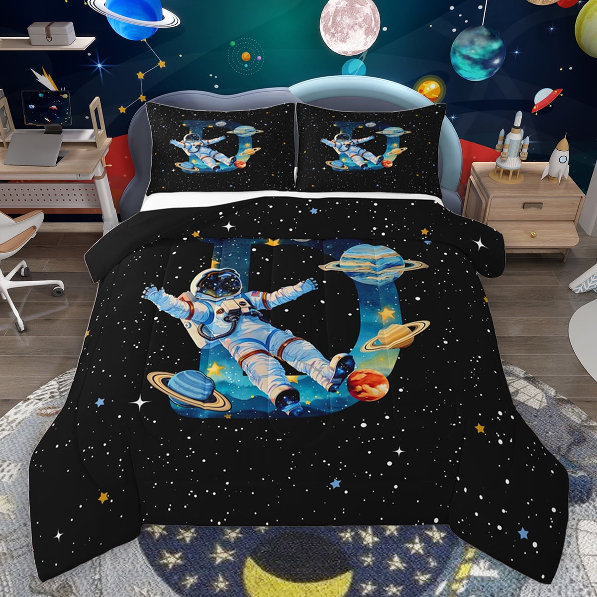 jejeloiu Blue Monogrammed D Queen Comforter Set,Universe Starry Sky ...