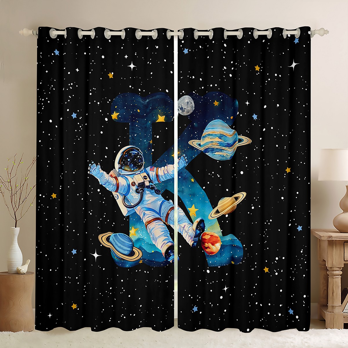 jejeloiu Blue Monogrammed K Blackout Curtains Set of 2 (52x84 Each ...