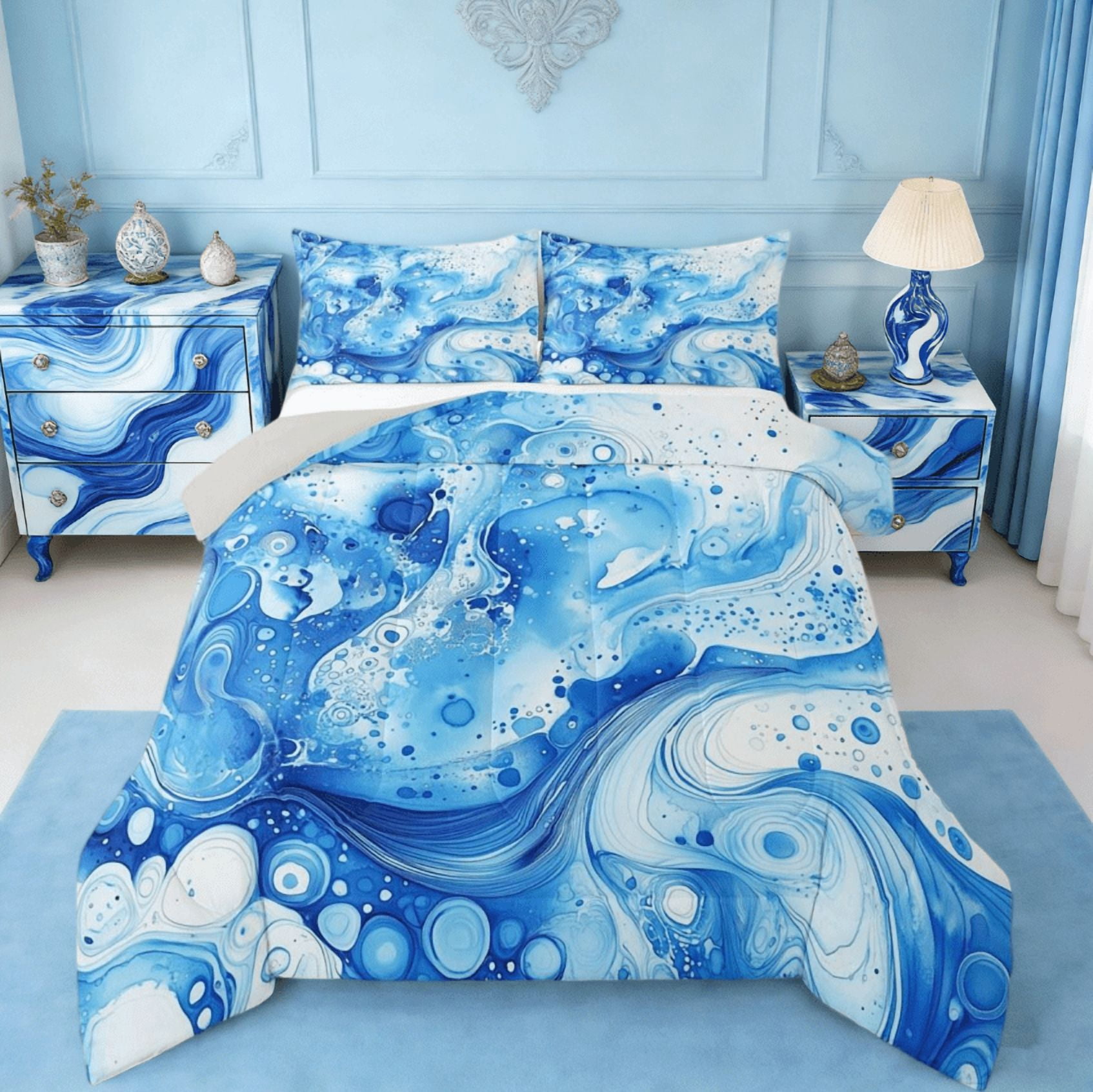 jejeloiu Blue Splatter Ink Queen Comforter Set,Watercolor Splashing Ink ...
