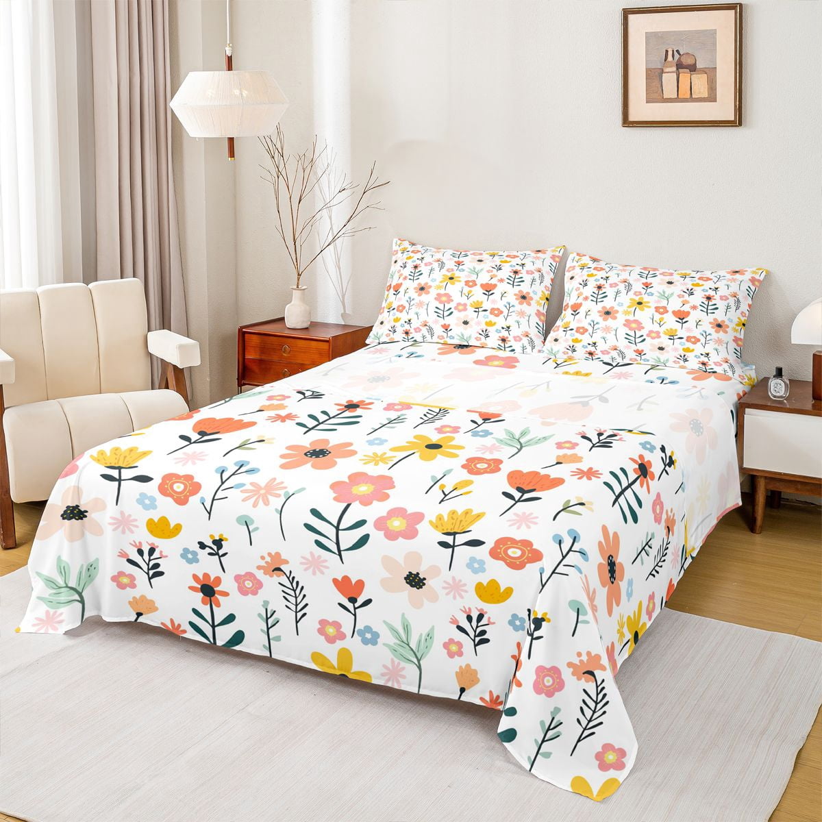 jejeloiu Bohemian Flower Bed Sheets,Cute Cartoon Floral King Sheets ...