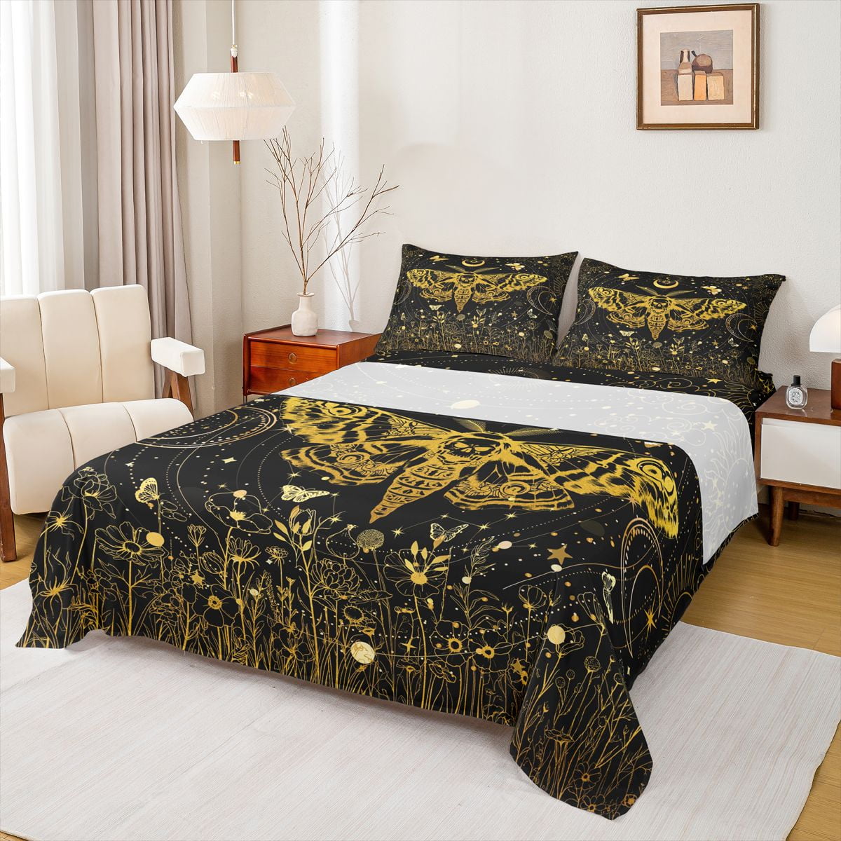 jejeloiu Bohemian Moth Bed Sheets,Boho Exotic Style King Sheets,Gold ...