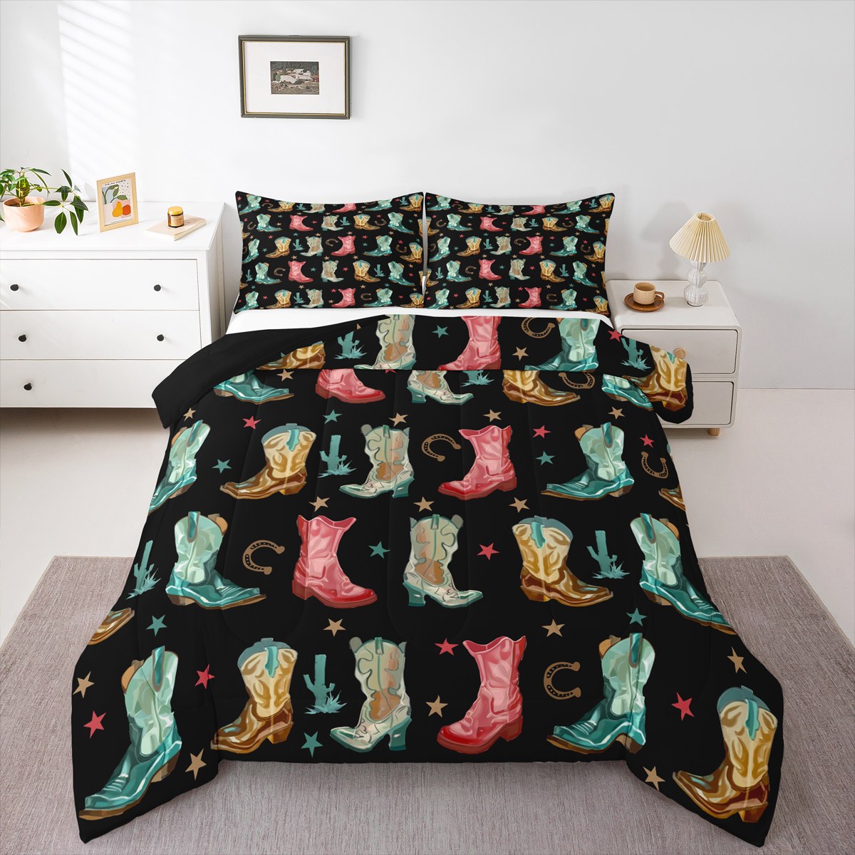 jejeloiu Bohemain Vintage Boots Queen Comforter Set,Western Cowgirl ...