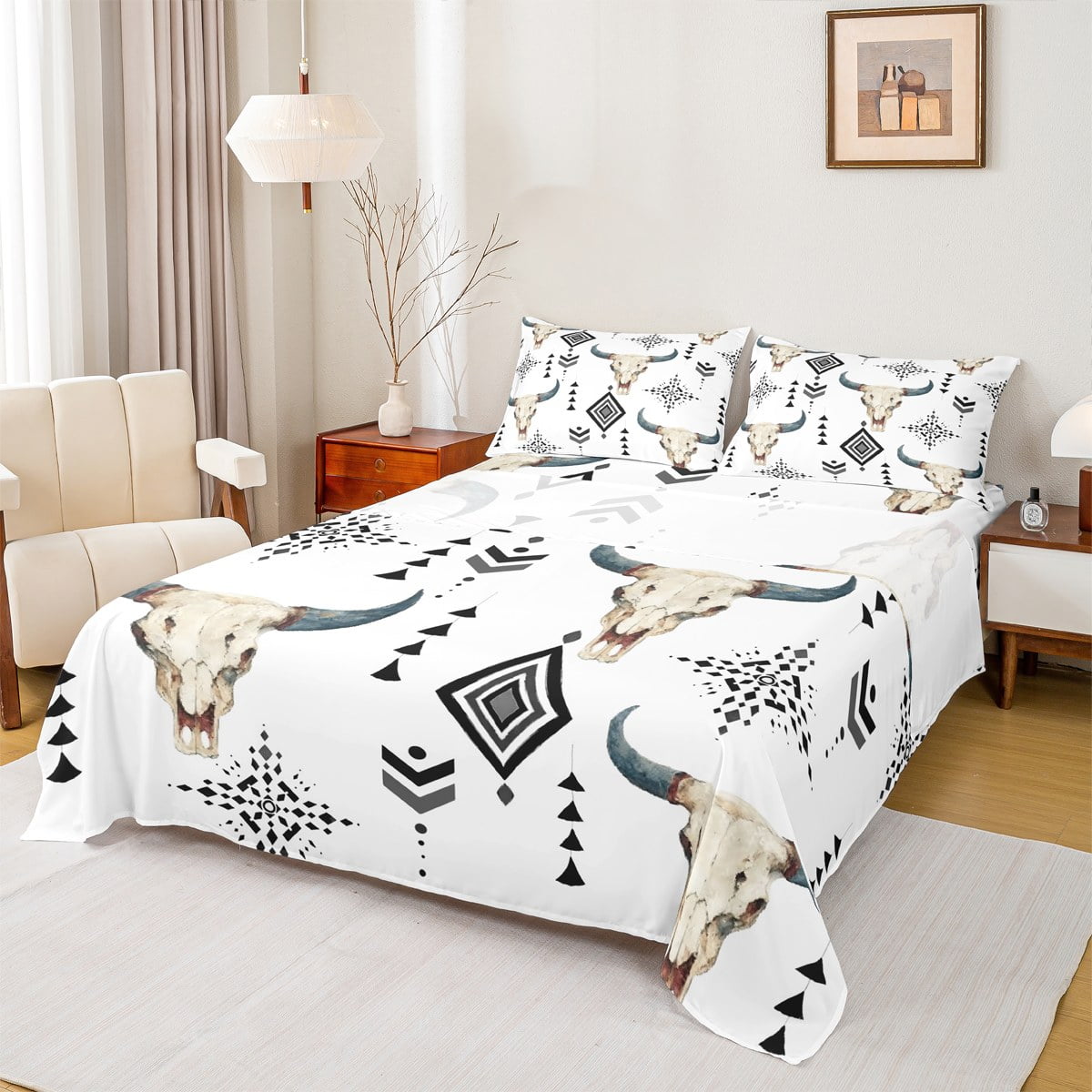 jejeloiu Boho Exotic Style Bed Sheets,Bohemian Bull Skull King Sheets ...