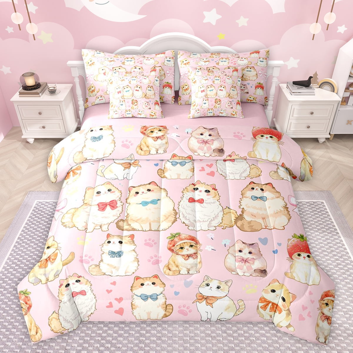jejeloiu Bowtie Cartoon Cat 7-Piece Bedding Comforter Set,Kawaii Kitten ...