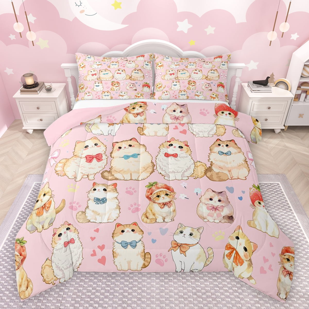 jejeloiu Bowtie Cartoon Cat Queen Comforter Set,Kawaii Kitten Animal ...