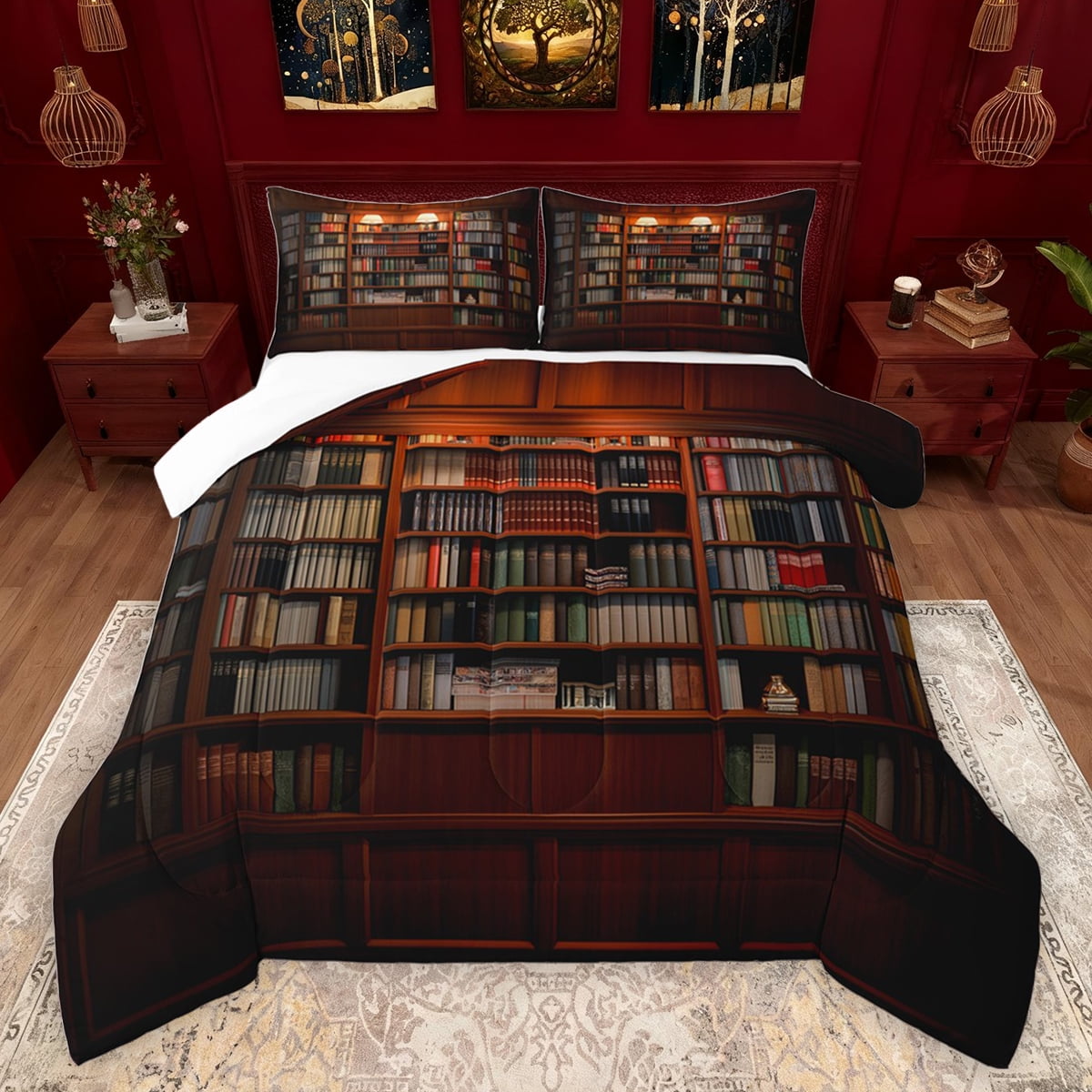 jejeloiu Brown Bookshelf Queen Comforter Set,Vintage Books Bedding Sets ...