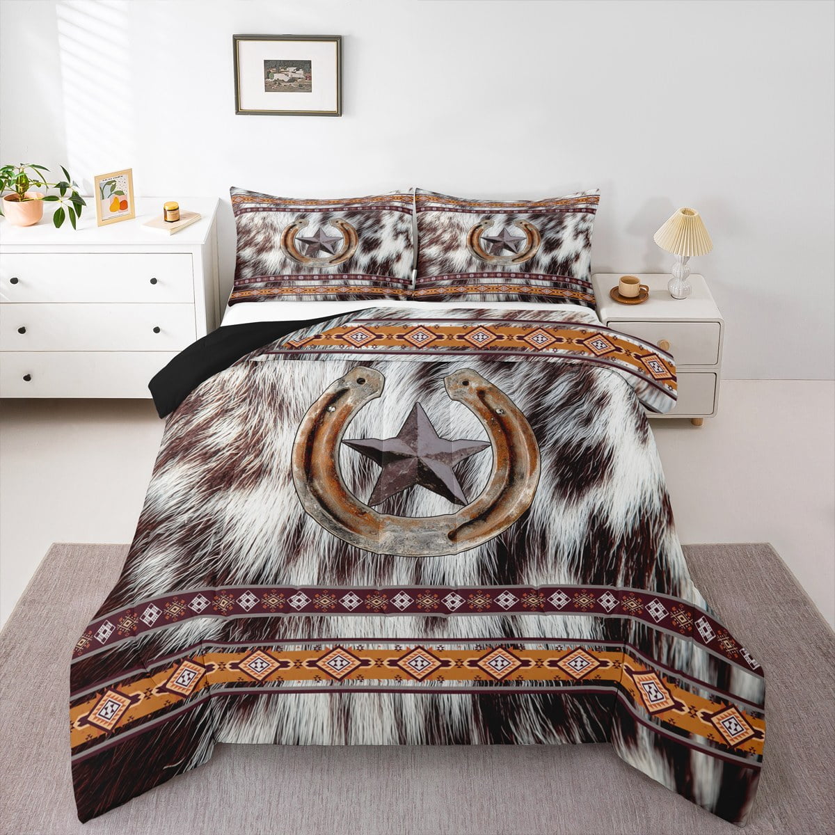 jejeloiu Brown Cowhide Queen Comforter Set,Texas Stars Horseshoe ...