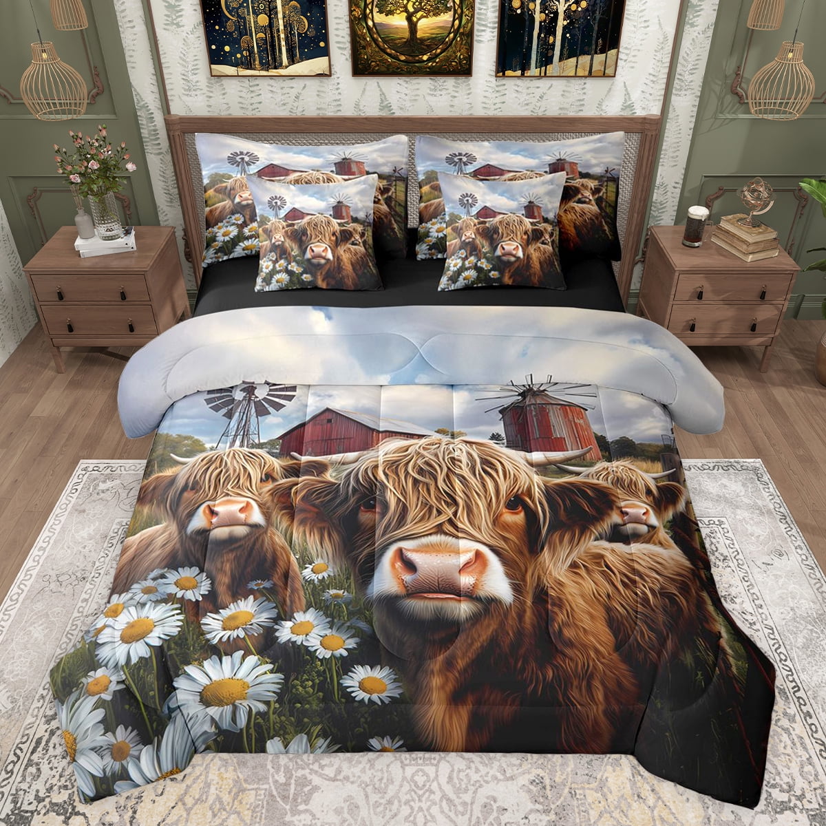 jejeloiu Brown Highland Cow 7 Pieces Bedding Comforter Set,Retro Rustic ...