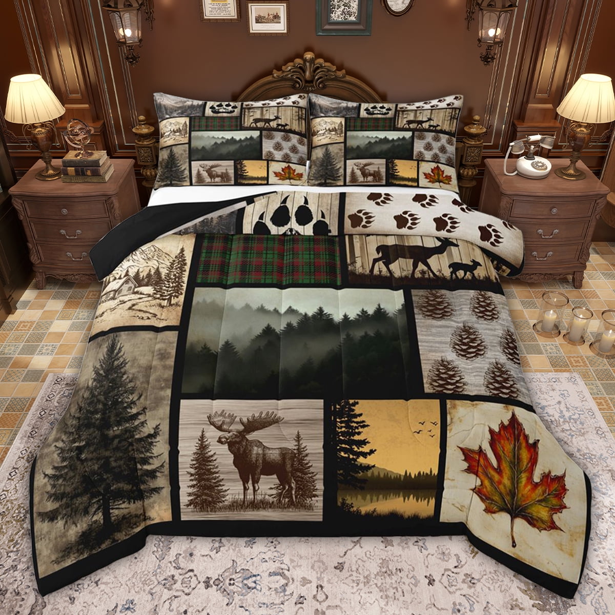 jejeloiu Brown Pine Cone Full Size Comforter Sets,Jungle Wildlife Moose ...