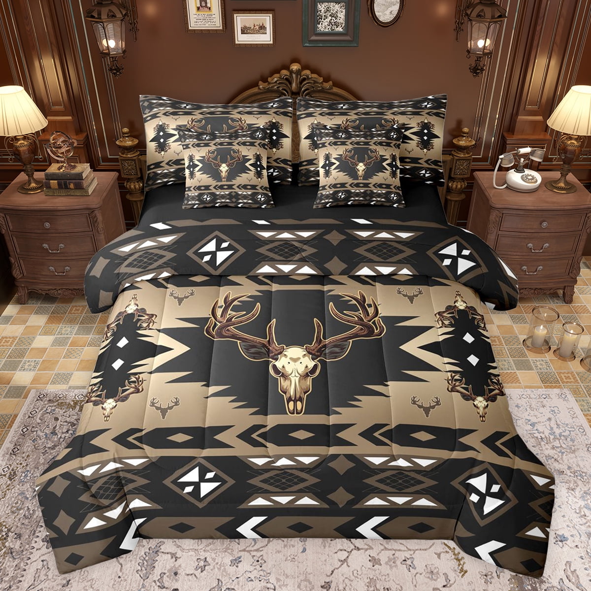 jejeloiu Bull Skull 7-Piece Bedding Comforter Set,Brown Black Aztec ...