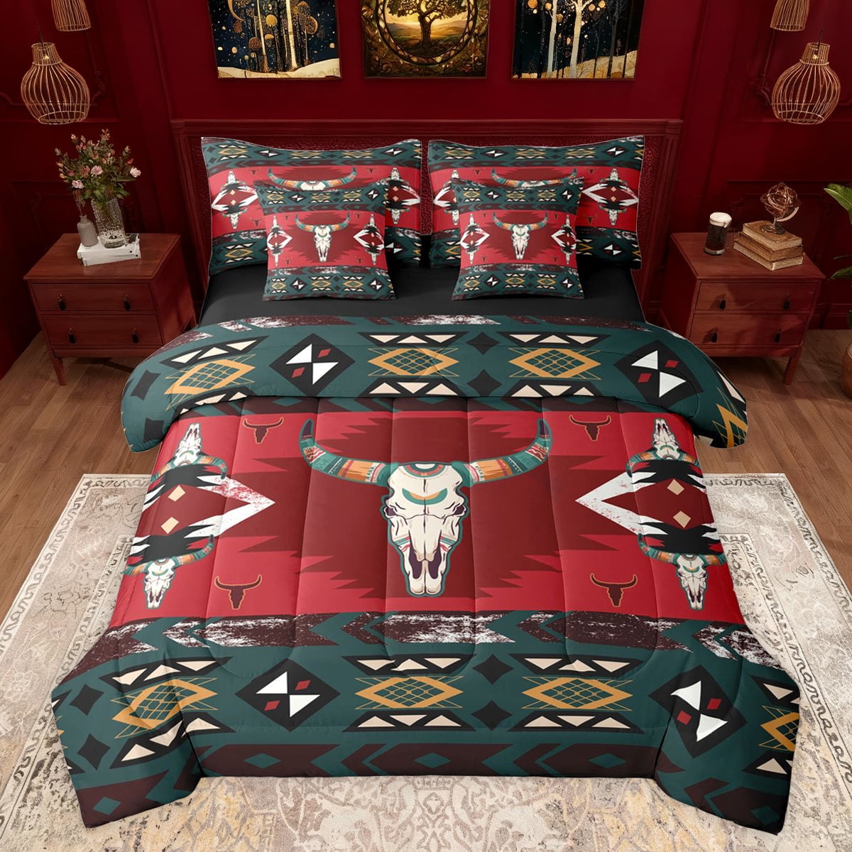 jejeloiu Bull Skull 7pcs Bedding Comforter Set,Boho Exotic Style Queen ...