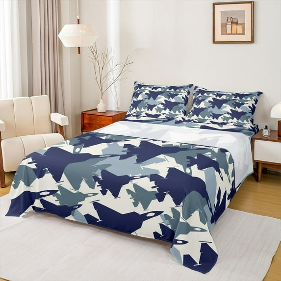 jejeloiu Camouflage Queen Sheet Sets,Blue Airplane Aircraft Bed Set For ...